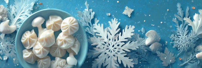 Stylized Snowflake Background Featuring Frozen Dumplings and Vegetables ...