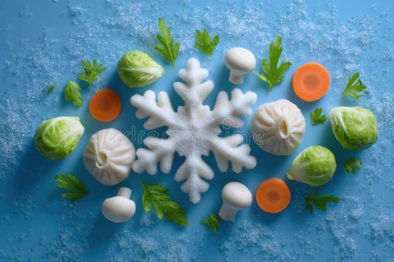 Stylized Snowflake Surrounded by Frozen Dumplings and Vegetables on a ...