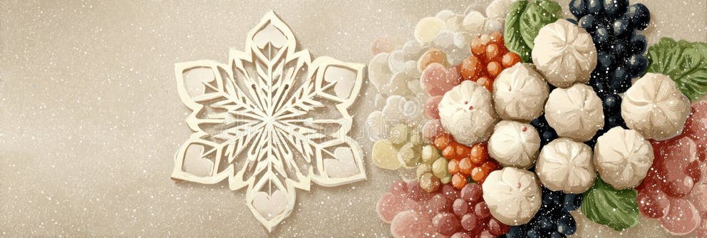 Stylized Snowflake Complements Frozen Dumplings and Colorful Vegetables ...