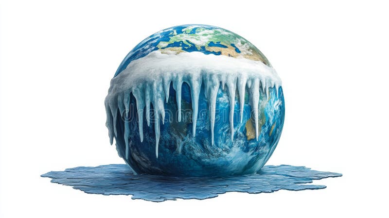 Frozen Earth with Icy Cap and Water Reflection on White Background ...