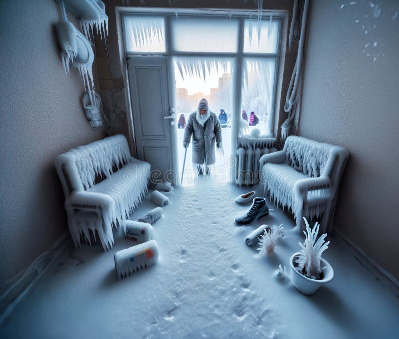 A Frozen Elderly Man Enters an Apartment Frozen with Frost Stock Image ...