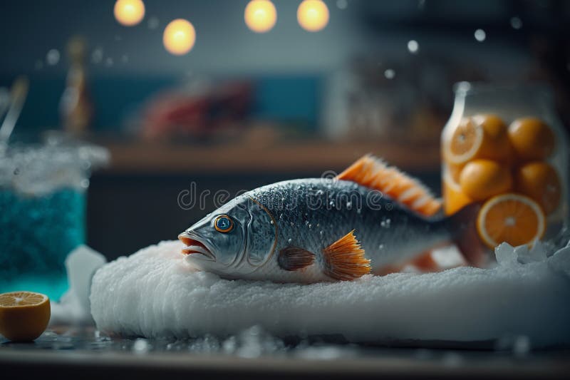 Frozen Fish on a Cold Ice Counter Store,. Illustration Generative AI ...