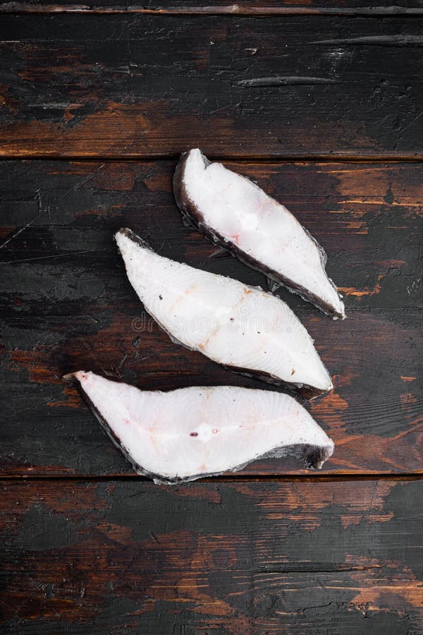 Frozen Fish Cut, on Old Dark Wooden Table Background, Top View Flat Lay ...