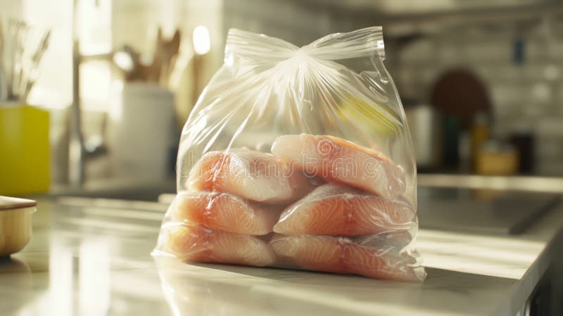 Frozen Fish Fillets in a Clear Plastic Bag on a Kitchen Counter Stock ...