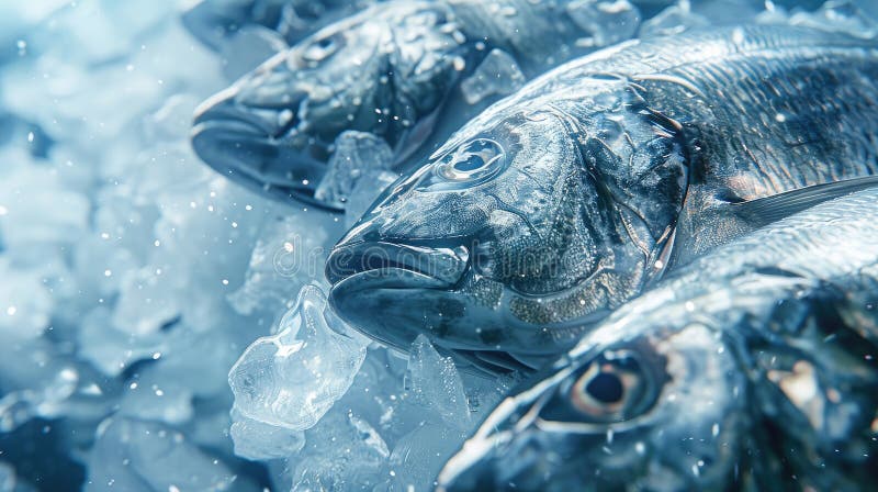 Frozen Fish in Ice on the Counter in the Store Stock Illustration ...