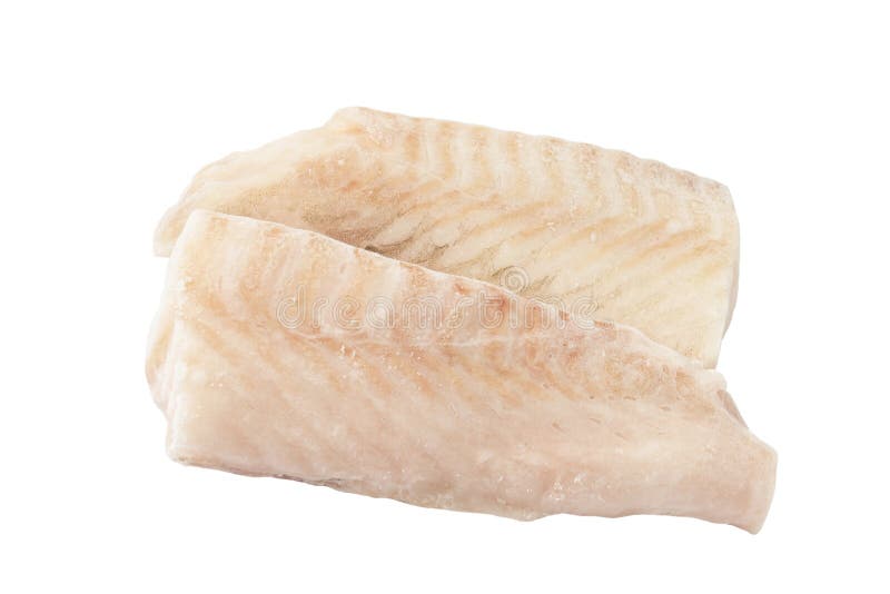 Frozen Fish Two Pieces Isolated on White. Cod Fish Back Meat Stock ...