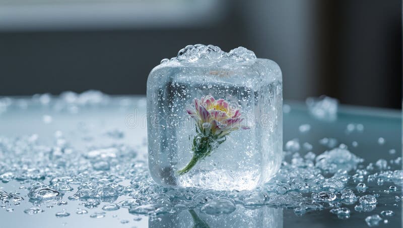 Frozen Flower Inside Clear Ice Cube on Glass Table Stock Illustration ...