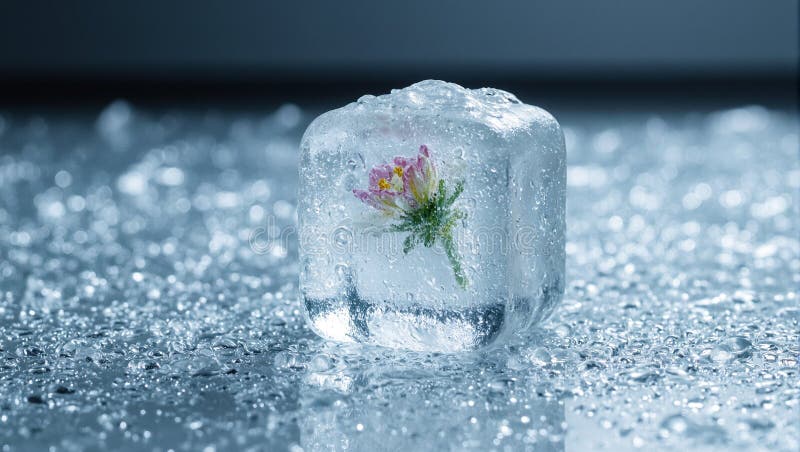 Frozen Flower Inside Clear Ice Cube on Glass Table Stock Illustration ...