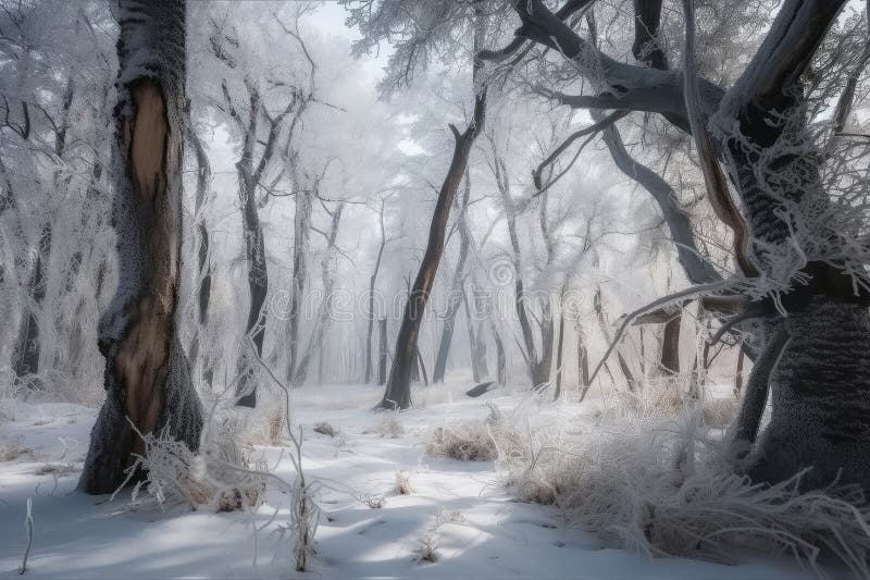 Frozen Forest with Trees Coated in a Blanket of Snow after Blizzard ...