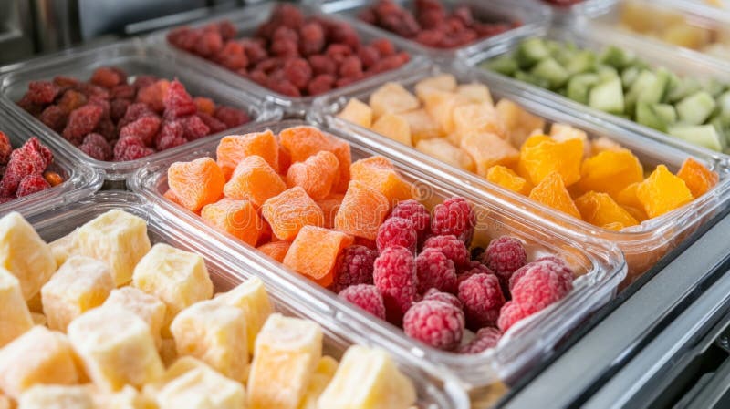 Frozen Fruit Display in Clear Plastic Containers Stock Photo - Image of ...