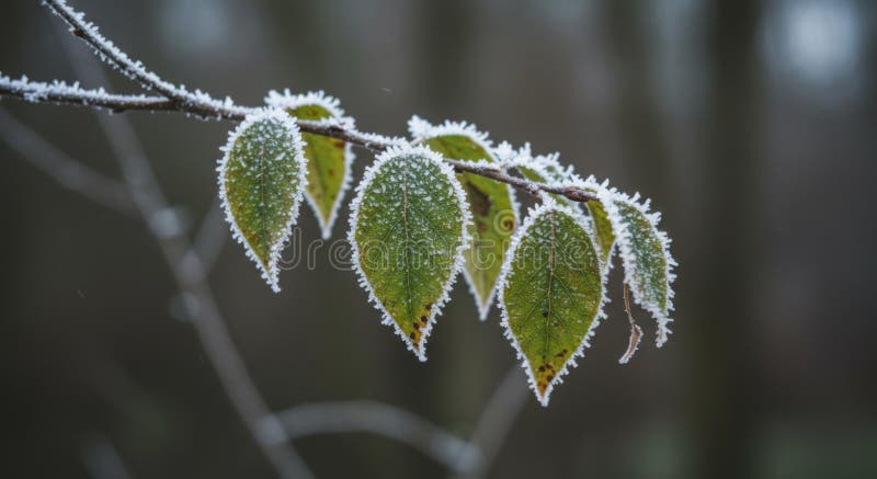 Frozen Green Leaves on a Branch in Winter Stock Illustration ...