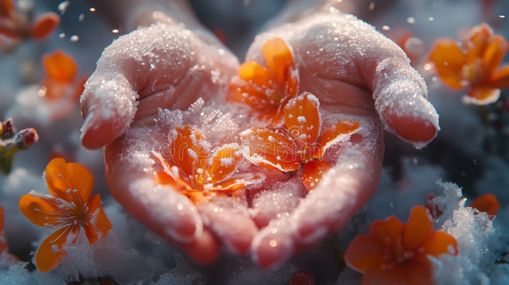 Frozen Hands Shaking in Peaceful Winter Floral Setting Stock Image ...