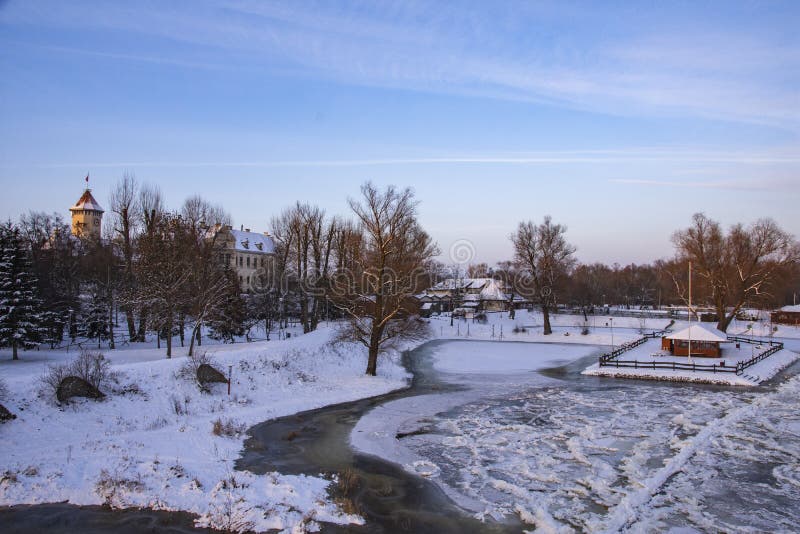 Frozen Harbor and River Covered with Ice and Floes in Winter Sunny ...