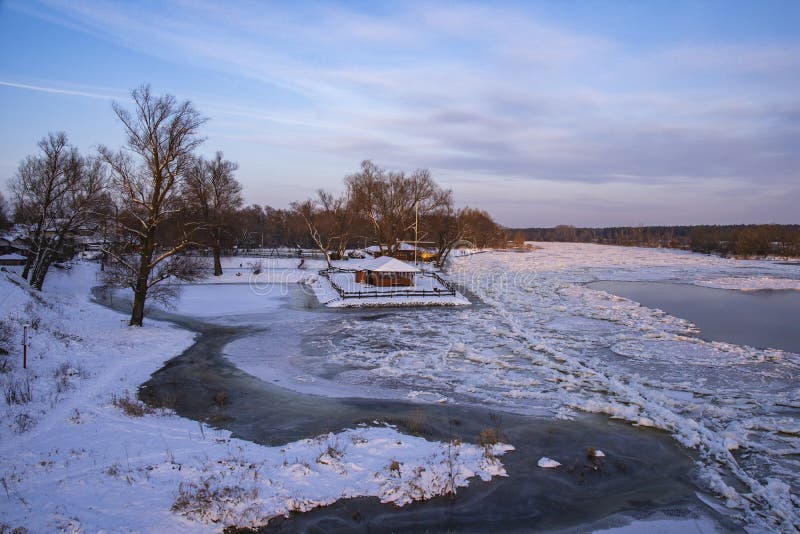 Frozen Harbor and River Covered with Ice and Floes in Winter Sunny ...