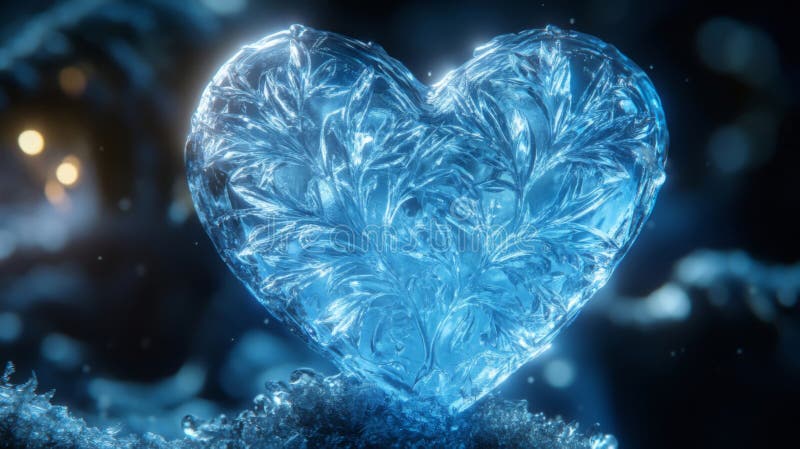 A Frozen Heart Shaped Ice Sculpture Glows Blue Stock Illustration ...