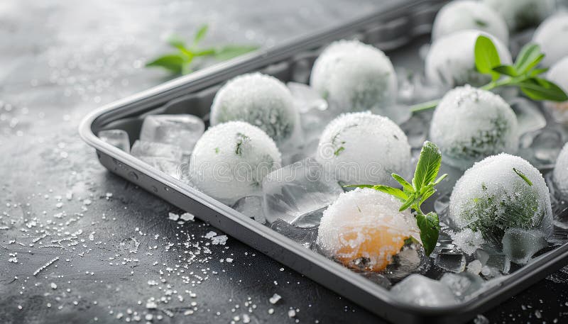 Frozen Ice Balls in Mold on Grey Table Stock Photo - Image of closeup ...