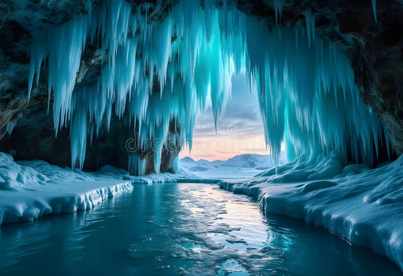 Frozen Ice Cave with Glowing Blue Stalactites and Aurora Borealis ...