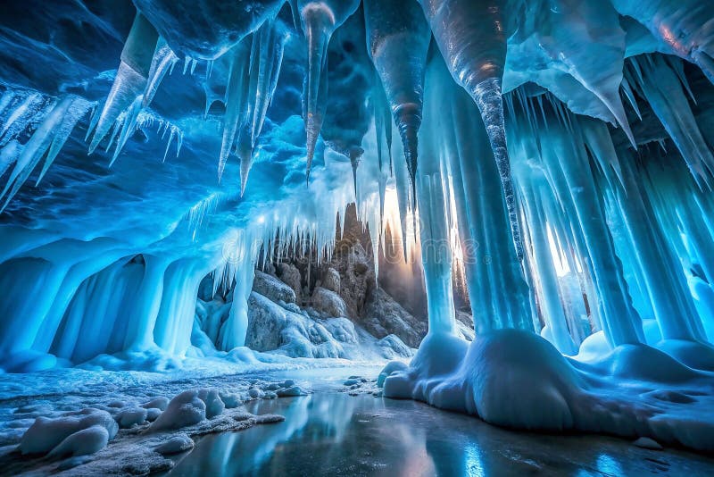 Frozen Ice Cave, Sunlight, Frozen Water, Cave Interior Stock ...