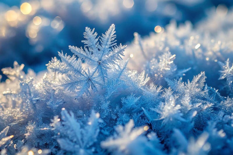Frozen Ice Crystals Close Up, Snow-covered Ground, Sunlight, Winter ...