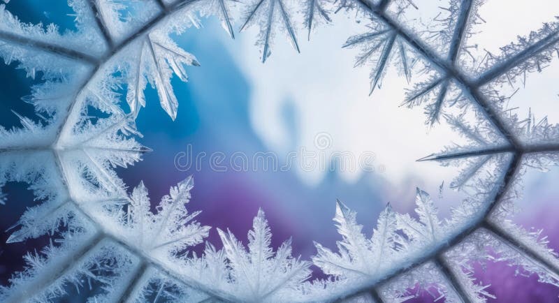 Frozen Ice Crystals Form a Natural Frame on a Blue and Purple ...