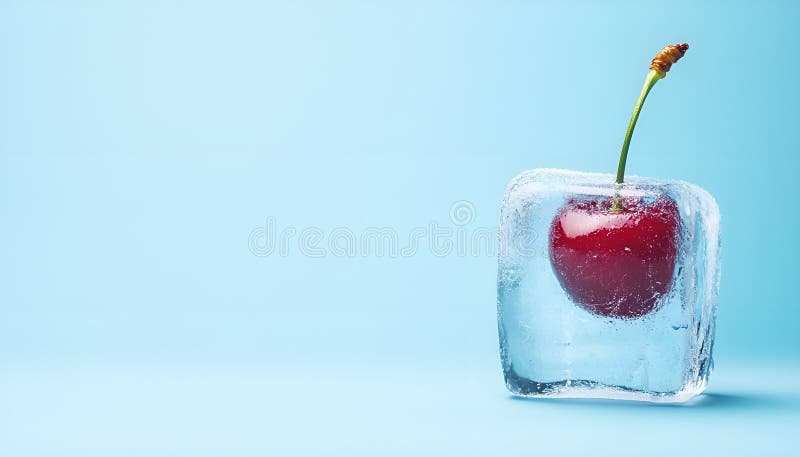 Frozen Ice Cube with Fresh Cherry on Frozen Blue Background Stock Image ...