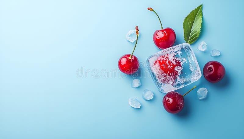 Frozen Ice Cube with Fresh Cherry on Frozen Blue Background Stock Image ...