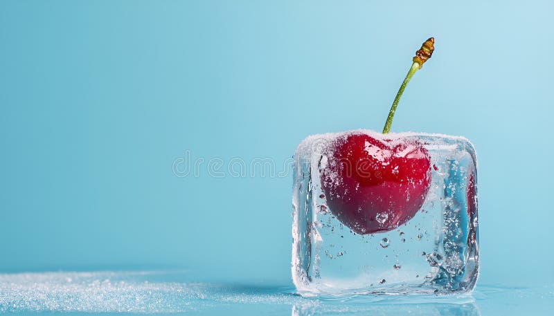 Frozen Ice Cube with Fresh Cherry on Frozen Blue Background Stock Image ...