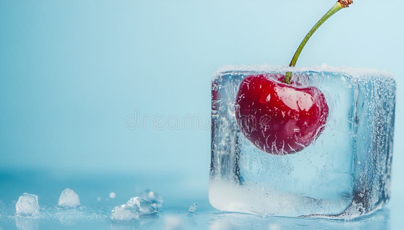 Frozen Ice Cube with Fresh Cherry on Frozen Blue Background Stock Photo ...