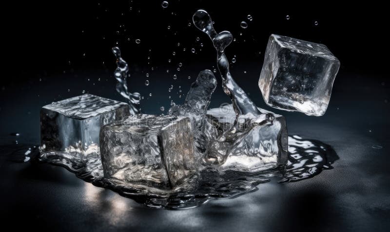 Frozen Ice Cubes Melting into Glass of Cold Water. Creating Using ...