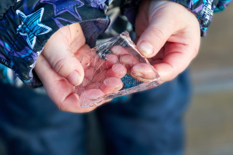 Frozen Ice in the Hands of a Child Stock Image - Image of close, cold ...