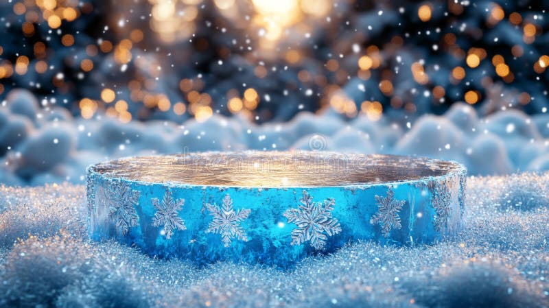Frozen Ice Platform with Snowflake Design in a Snowy Forest Stock ...