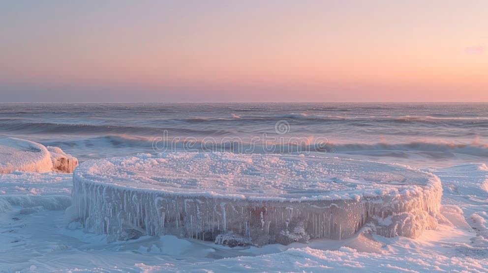 Frozen Ice Platform on Snowy Beach at Sunrise Stock Illustration ...