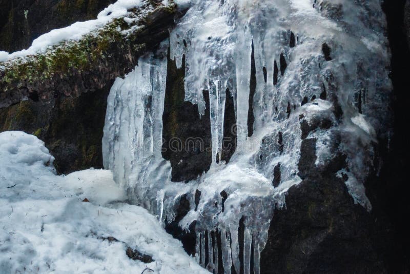 Frozen icicles on rock stock image. Image of covered - 263973075
