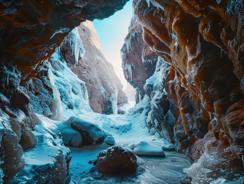Frozen Icy Cave in Winter Landscape Stock Photo - Image of winter ...