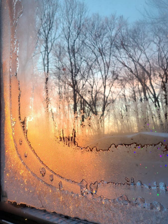 Frozen Icy Window in Winter Sunset Twilight Stock Image - Image of snow ...