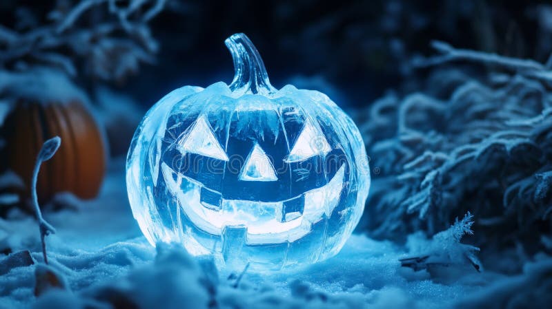 Frozen Jack-o -Lantern with Glowing Face in Snow Stock Illustration ...