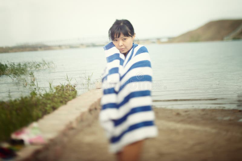 Frozen Lady in the Towel after Swimming Stock Photo - Image of ...
