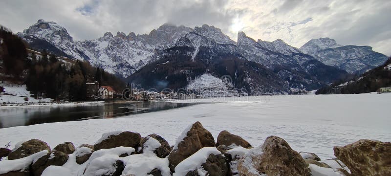 The Frozen Lake of Alleghe, Italy Stock Image - Image of cityscape ...