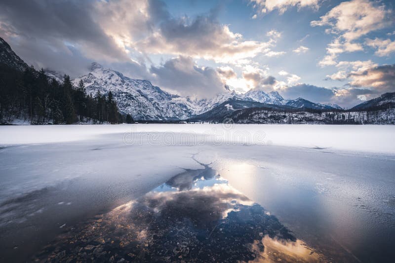 The Frozen Lake with Reflection in the Water Stock Photo - Image of ...