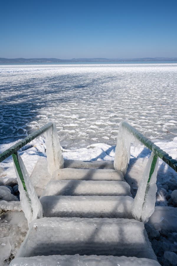Frozen Lake Balaton with Steel Steps Stock Photo - Image of blocks ...