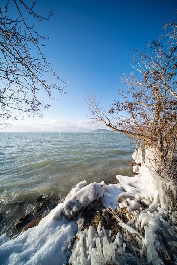 Frozen Lake Balaton with Steel Steps Stock Photo - Image of destroyed ...