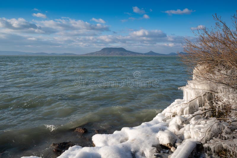 Frozen Lake Balaton with Steel Steps Stock Image - Image of coast ...