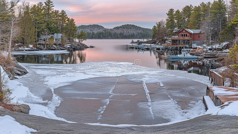 Frozen Lake Boat Launch, Sunset, Winter Cottages Stock Photo - Image of ...