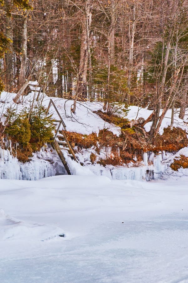 Frozen Lake with Damaged Staircase To Water Level Stock Image - Image ...