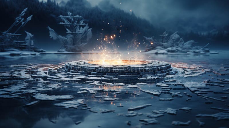 Frozen Lake with Eerie Glowing Ring Stock Illustration - Illustration ...