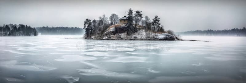 A Frozen Lake with a Floating Island Panoramic Background. Generative ...