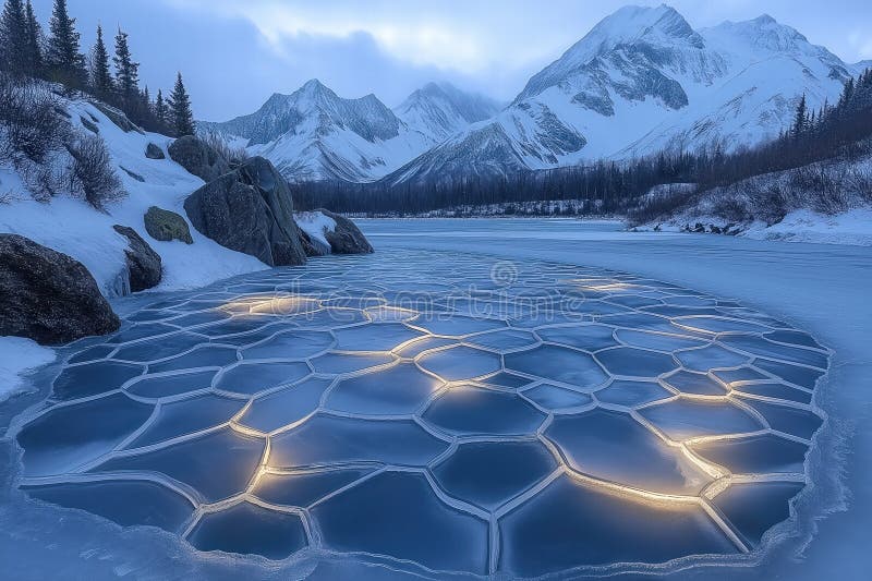 Frozen Lake with Hexagonal Ice Patterns Illuminated by Soft Light ...