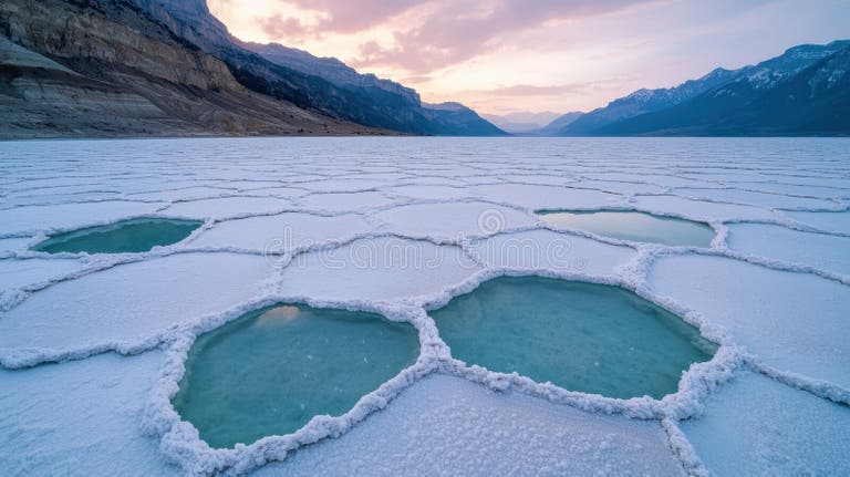 Frozen Lake with Hexagonal Ice Patterns at Sunset Stock Illustration ...