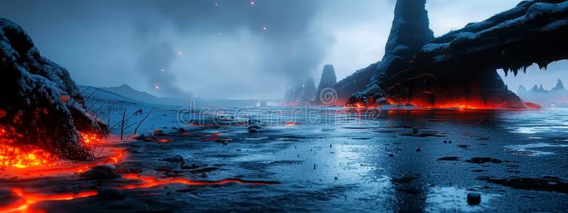 A Frozen Lake with Lava in the Foreground and Fire Erupting from Its ...