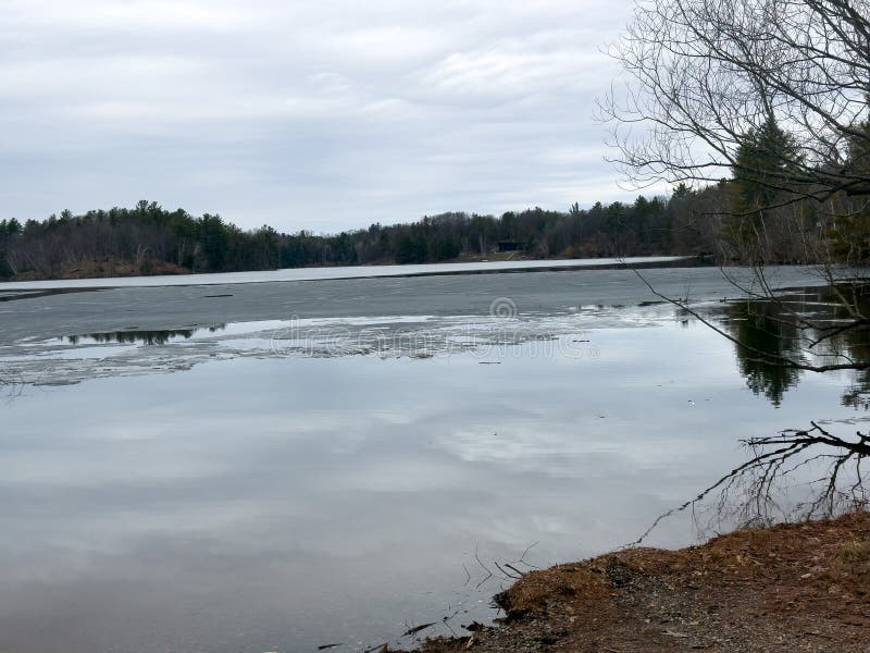 Ice on a Lake with Reflections of Trees and Clouds Stock Image - Image ...